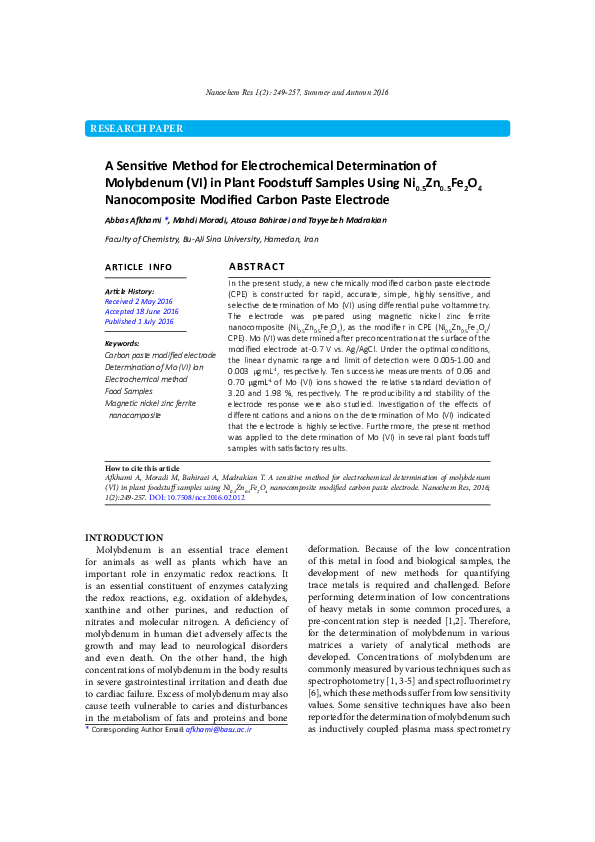 Pdf A Sensitive Method For Electrochemical Determination Of Molybdenum Vi In Plant Foodstuff