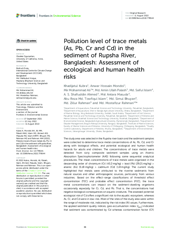 (PDF) Pollution level of trace metals (As, Pb, Cr and Cd) in the sediment of Rupsha River ...