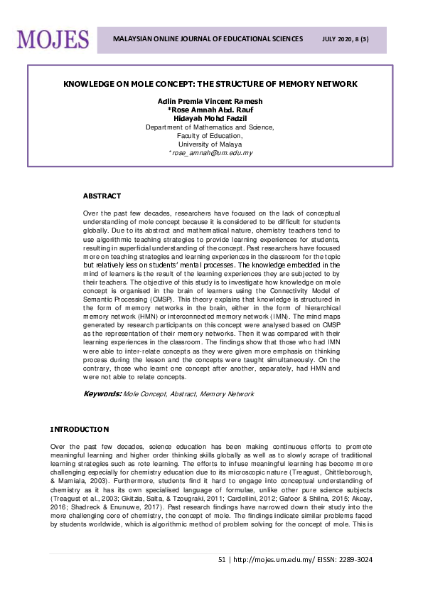 (PDF) Knowledge on Mole Concept: The Structure of Memory Network | rose ...