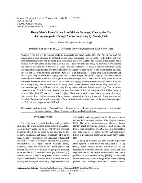 (PDF) Heavy Metals Remediation from Maize (Zea mays) Crop by the Use of ...