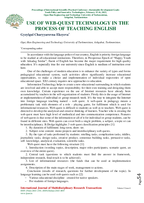 (PDF) Use of Web-Quest Technology in the Process of Teaching English