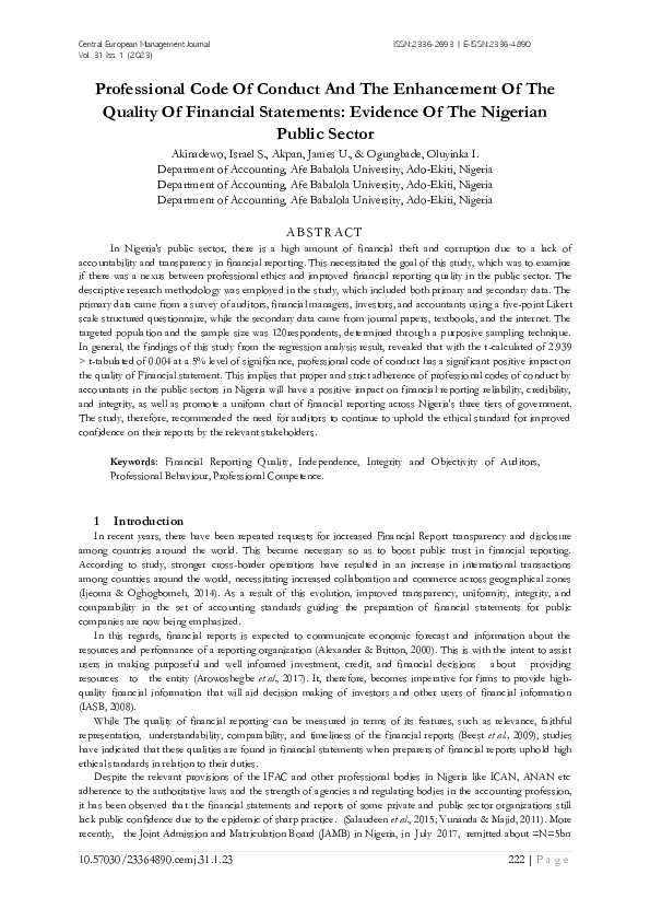 (PDF) Professional Code Of Conduct And The Enhancement Of The Quality ...