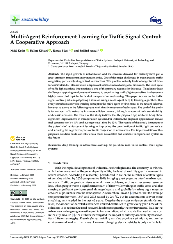 (PDF) Multi-Agent Reinforcement Learning for Traffic Signal Control: A Cooperative Approach