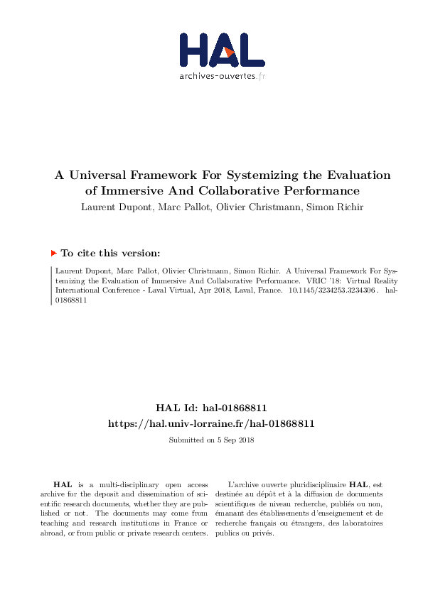 (PDF) A Universal Framework For Systemizing the Evaluation of Immersive And Collaborative ...