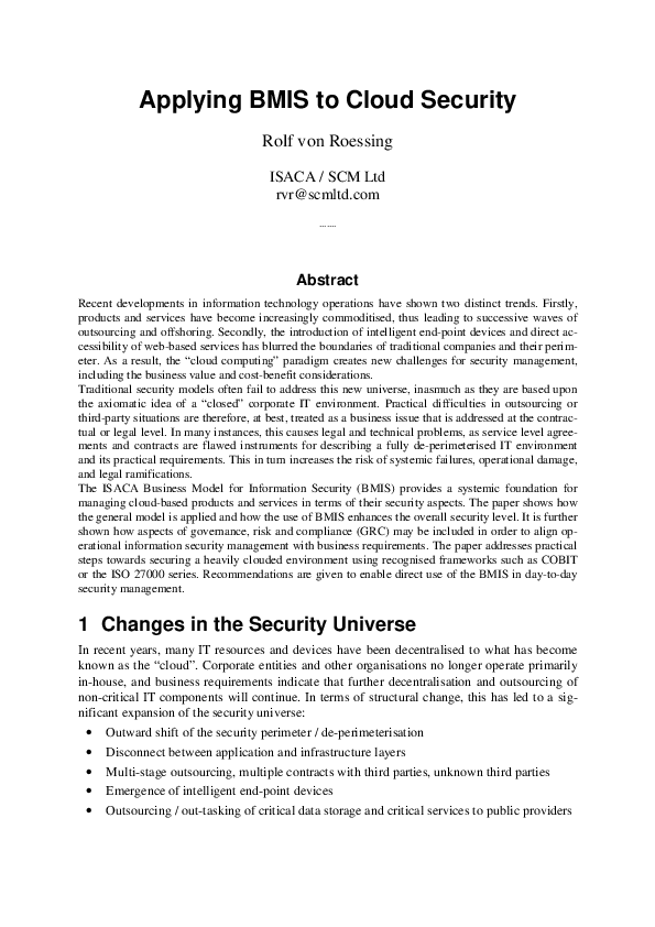 (PDF) Applying BMIS to Cloud Security