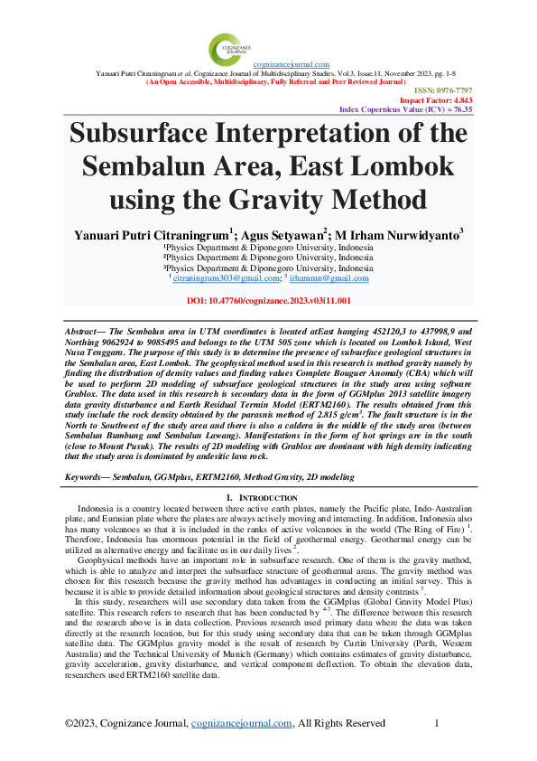 Pdf Subsurface Interpretation Of The Sembalun Area East Lombok Using The Gravity Method