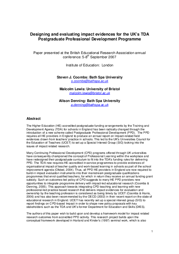 (PDF) Designing and evaluating impact evidences for the UK's TDA ...