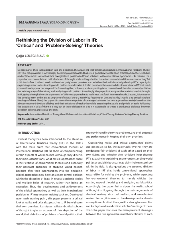 (PDF) Rethinking the Division of Labor in IR: 'Critical' and 'Problem ...