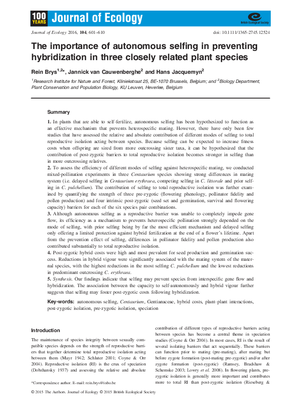 (PDF) The importance of autonomous selfing in preventing hybridization ...