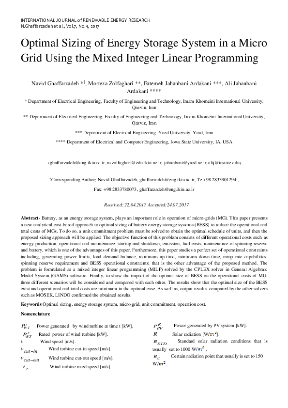 (PDF) Optimal Sizing of Energy Storage System in a Micro Grid Using the Mixed Integer Linear ...