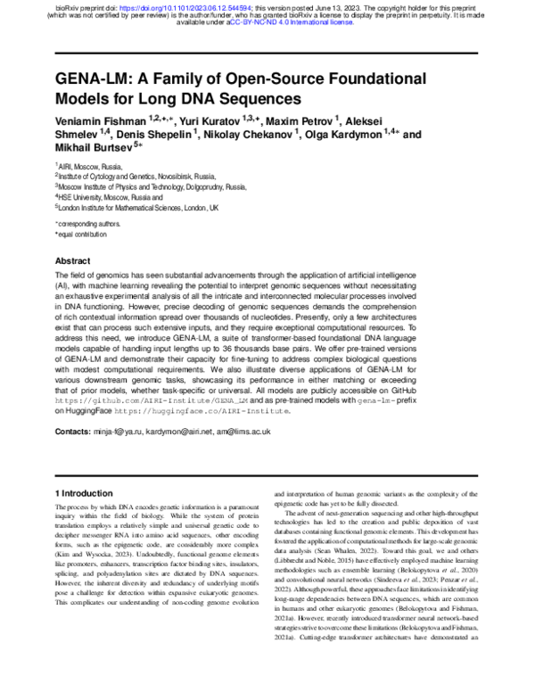 (PDF) GENA-LM: A Family of Open-Source Foundational Models for Long DNA ...