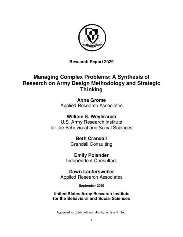(PDF) Managing Complex Problems: A Synthesis of Research on Army Design Methodology and ...