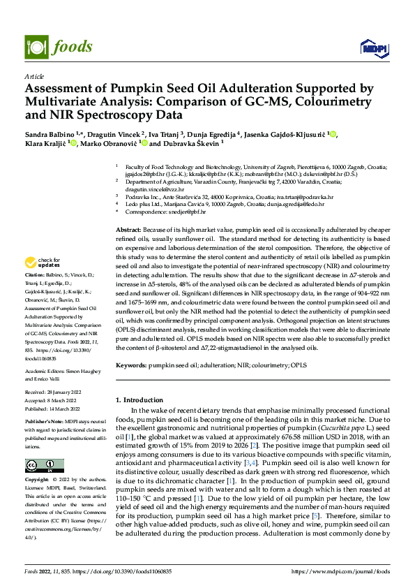 (PDF) Assessment of Pumpkin Seed Oil Adulteration Supported by Multivariate Analysis: Comparison ...