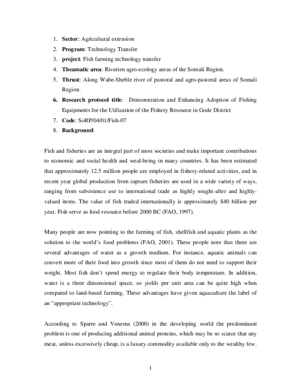 (PDF) Project Proposal on Fish Farming Technology Transfer Riverien ...