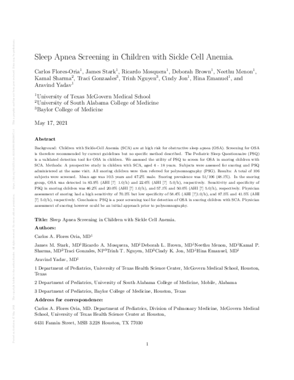 (PDF) Sleep Apnea Screening in Children with Sickle Cell Anemia