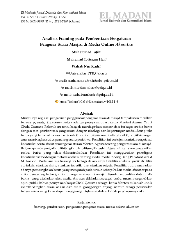 (PDF) Analisis Framing pada Pemberitaan Pengaturan Pengeras Suara Masjid di Media Online Akurat ...