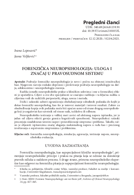 (PDF) Forensic neuropsychology: Role and significance in judicial system