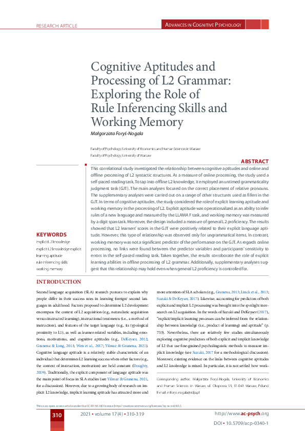 (PDF) Cognitive Aptitudes and Processing of L2 Grammar: Exploring the Role of Rule Inferencing ...
