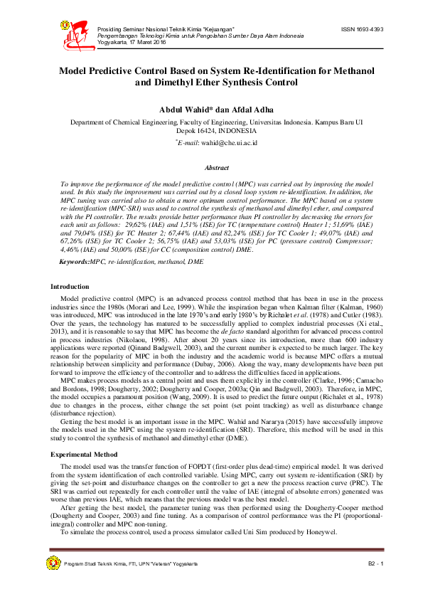 (PDF) Model Predictive Control Based on System Re-Identification for Methanol and Dimethyl Ether ...
