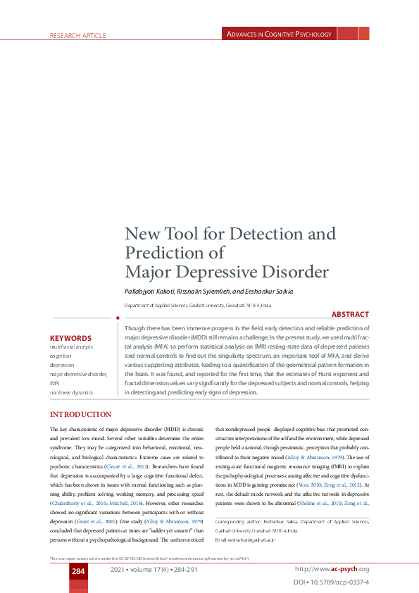 (PDF) New Tool for Detection and Prediction of Major Depressive Disorder