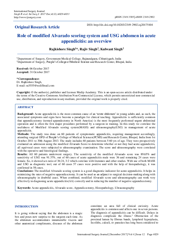 (PDF) Role of modified Alvarado scoring system and USG abdomen in acute ...