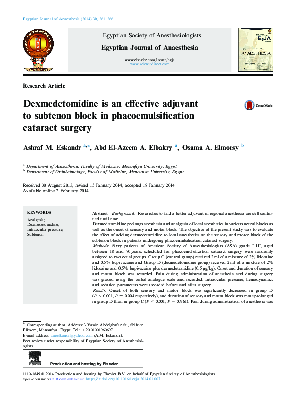 Pdf Dexmedetomidine Is An Effective Adjuvant To Subtenon Block In Phacoemulsification Cataract