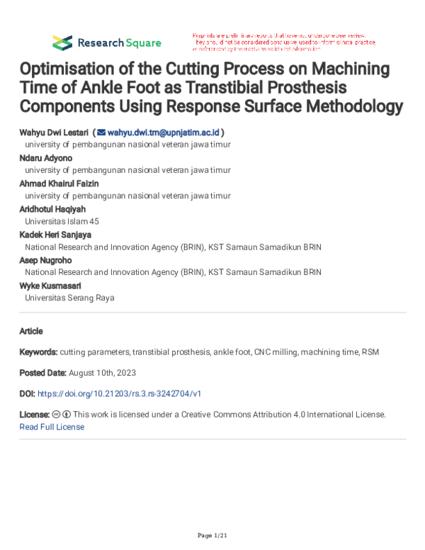 (PDF) Optimisation of the Cutting Process on Machining Time of Ankle Foot as Transtibial ...