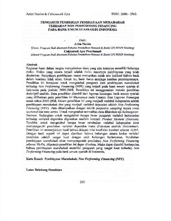 (PDF) Pengaruh Pemberian Pembiayaan Murabahah Terhadap Non Performing Financing Pada Bank Umum ...