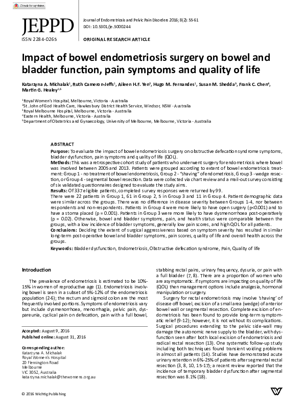 (PDF) Impact of Bowel Endometriosis Surgery on Bowel and Bladder Function, Pain Symptoms and ...