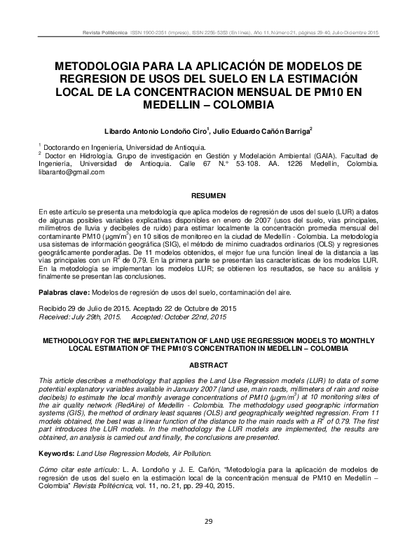 (PDF) METODOLOGIA PARA LA APLICACIÓN DE MODELOS DE REGRESION DE USOS ...