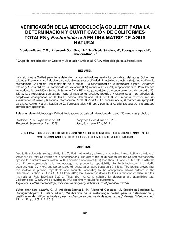 (PDF) VERIFICATION OF COLILERT METHODOLOGY FOR DETERMINING AND QUANTIFYING TOTAL COLIFORMS AND ...