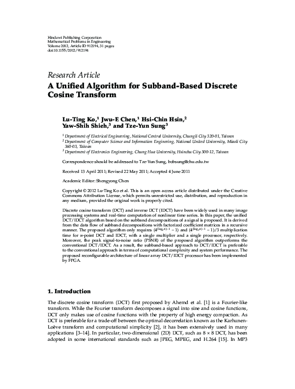 Pdf A Unified Algorithm For Subband Based Discrete Cosine Transform