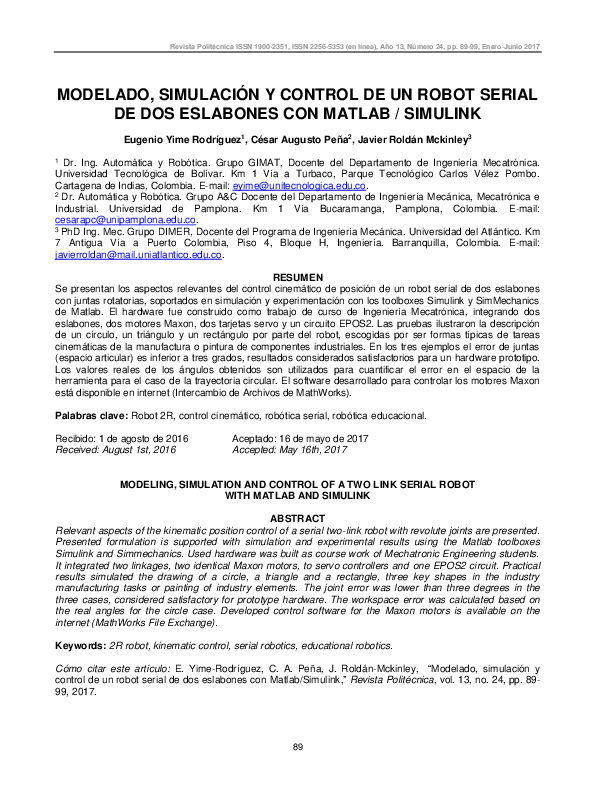 Pdf Modelado SimulaciÓn Y Control De Un Robot Serial De Dos Eslabones Con Matlab Simulink