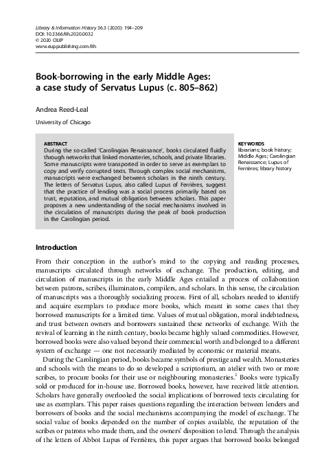 (PDF) Book-borrowing in the early Middle Ages: a case study of Servatus ...