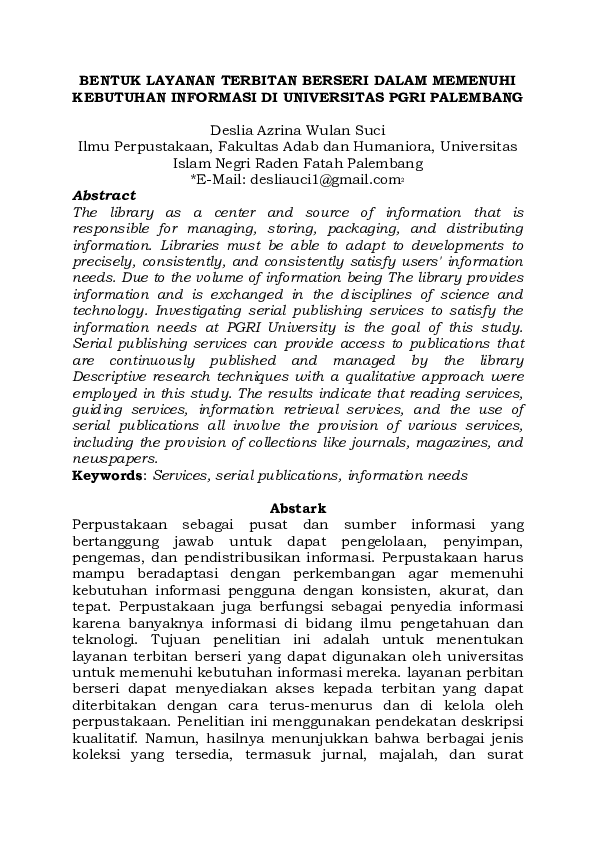 (PDF) BENTUK LAYANAN TERBITAN BERSERI DALAM MEMENUHI KEBUTUHAN INFORMASI DI UNIVERSITAS PGRI ...
