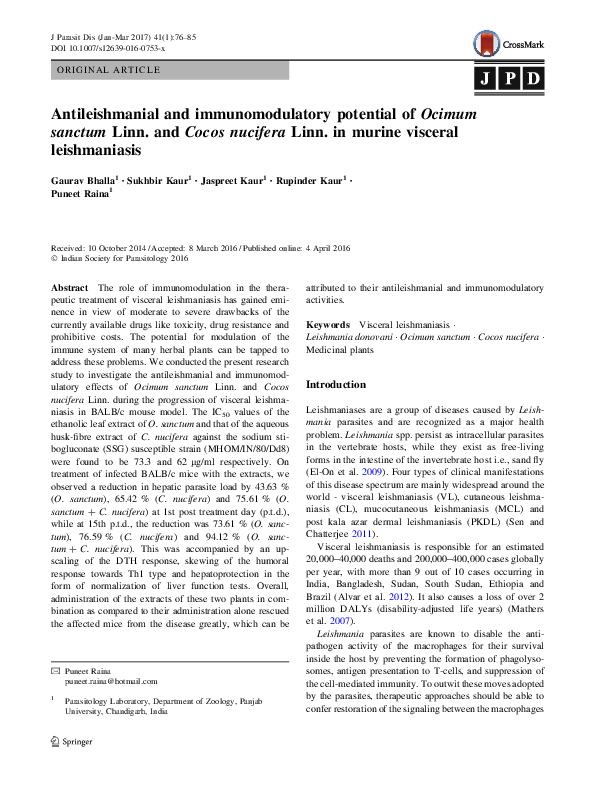 (PDF) Antileishmanial and immunomodulatory potential of Ocimum sanctum Linn. and Cocos nucifera ...