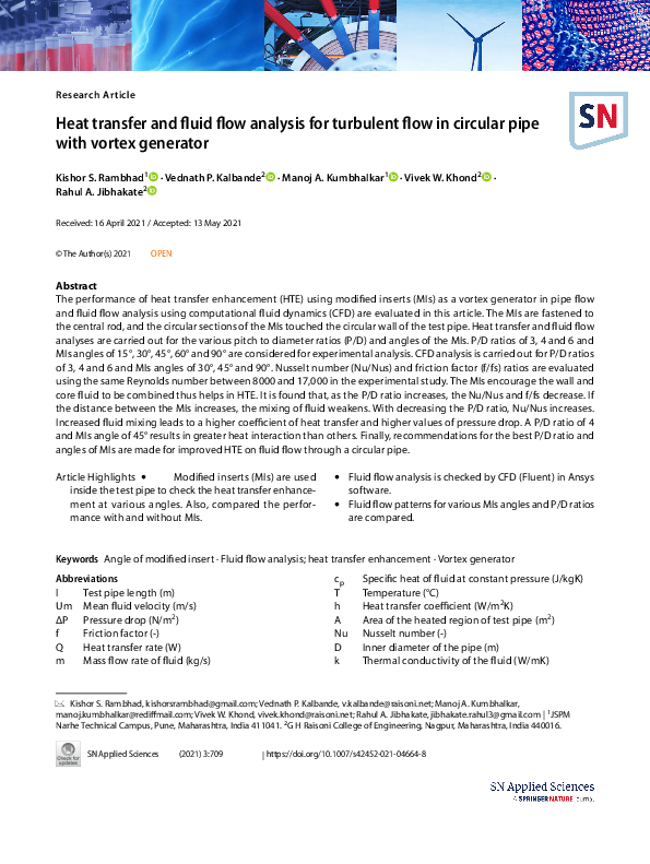 (PDF) Heat Transfer and Fluid Flow Analysis for Turbulent Flow in Circular Pipe with Vortex ...