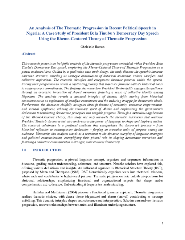 (DOC) An Analysis of The Thematic Progression in Recent Political Speech in Nigeria: A Case ...