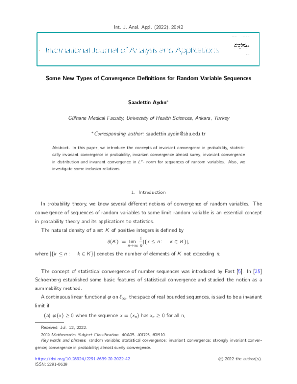 (PDF) Some New Types of Convergence Definitions for Random Variable Sequences | Saadettin Aydın ...