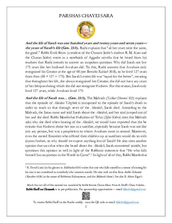 (PDF) PARSHAS CHAYEI SARA - Rabbi Shoff on the Parsha