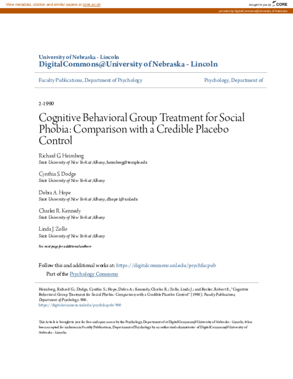 (PDF) Cognitive behavioral group treatment for social phobia: Comparison with a credible placebo ...