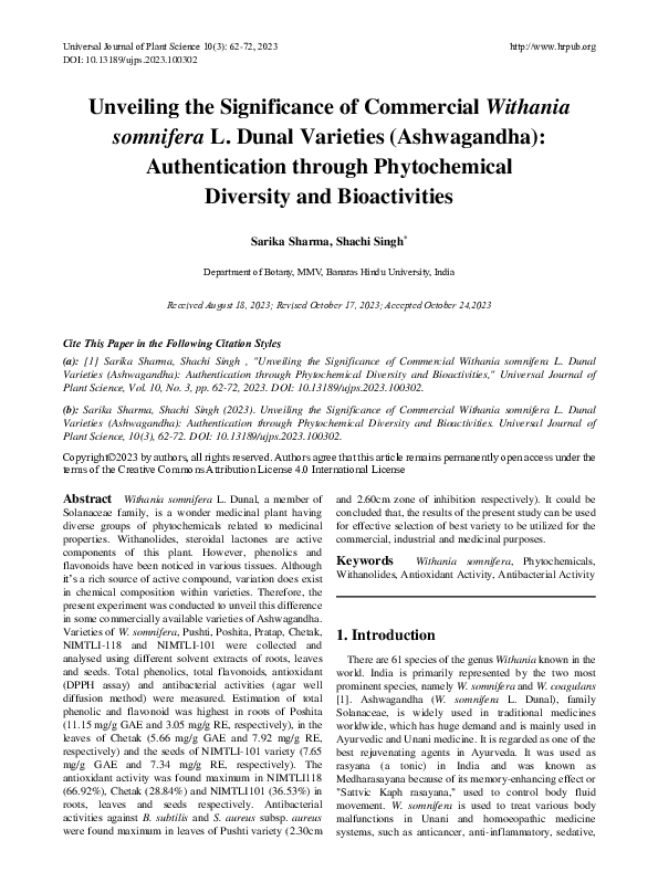 (PDF) Unveiling the Significance of Commercial Withania somnifera L ...