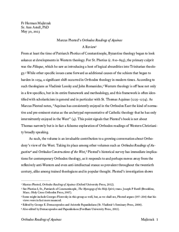 (PDF) Marcus Plested's Orthodox Readings of Aquinas