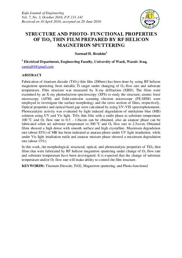 (PDF) STRUCTURE AND PHOTO- FUNCTIONAL PROPERTIES OF TiO2 THIN FILM ...