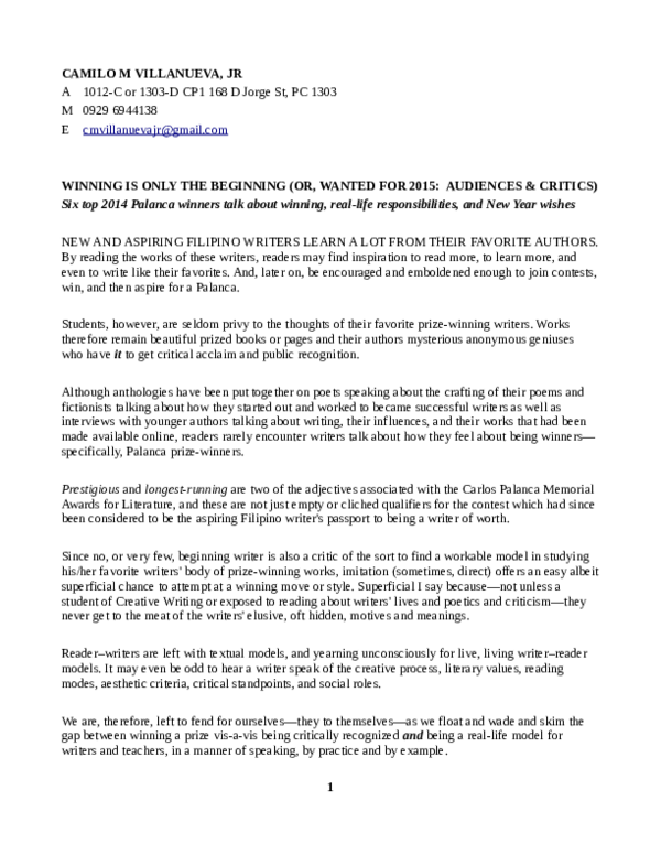 (PDF) WINNING IS ONLY THE BEGINNING: Palanca Winners' Wishes for 2015