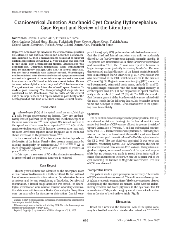 (PDF) Craniocervical Junction Arachnoid Cyst Causing Hydrocephalus: Case Report and Review of ...
