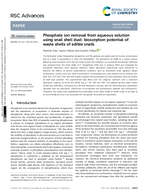 (PDF) Phosphate ion removal from aqueous solution using snail shell ...