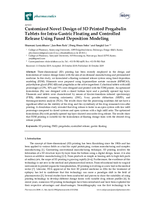 (PDF) Customized Novel Design of 3D Printed Pregabalin Tablets for Intra-Gastric Floating and ...