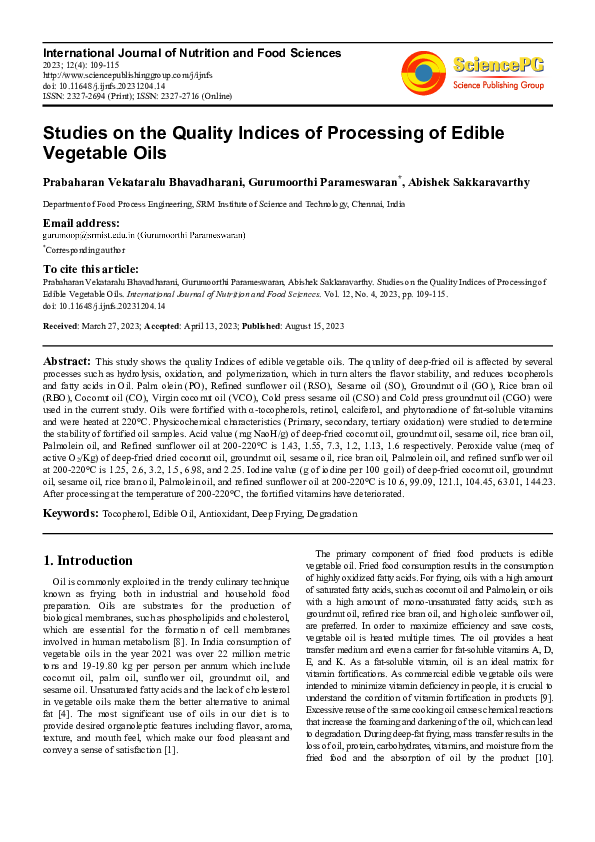 (PDF) Studies on the Quality Indices of Processing of Edible Vegetable Oils