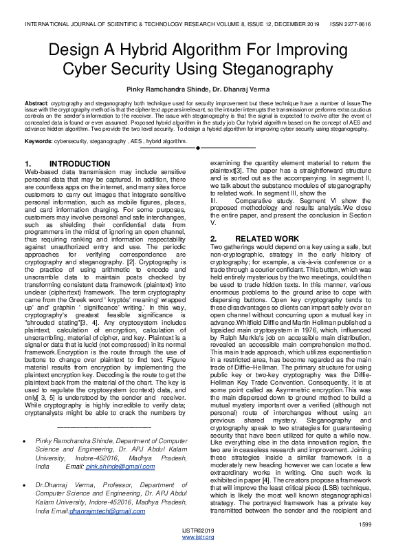 Pdf Design A Hybrid Algorithm For Improving Cyber Security Using Steganography
